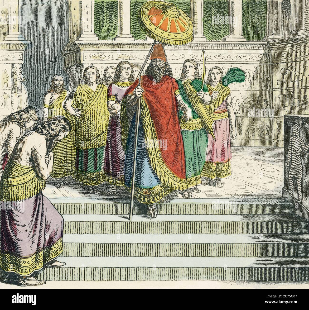 Un roi assyrien et sa rétinue descendant les marches de son palais à ...