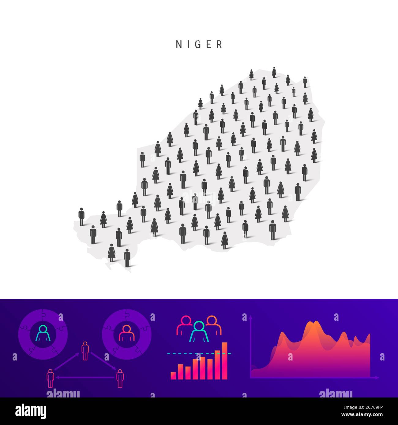 Carte du peuple du Niger. Silhouette détaillée. Une foule mixte d ...
