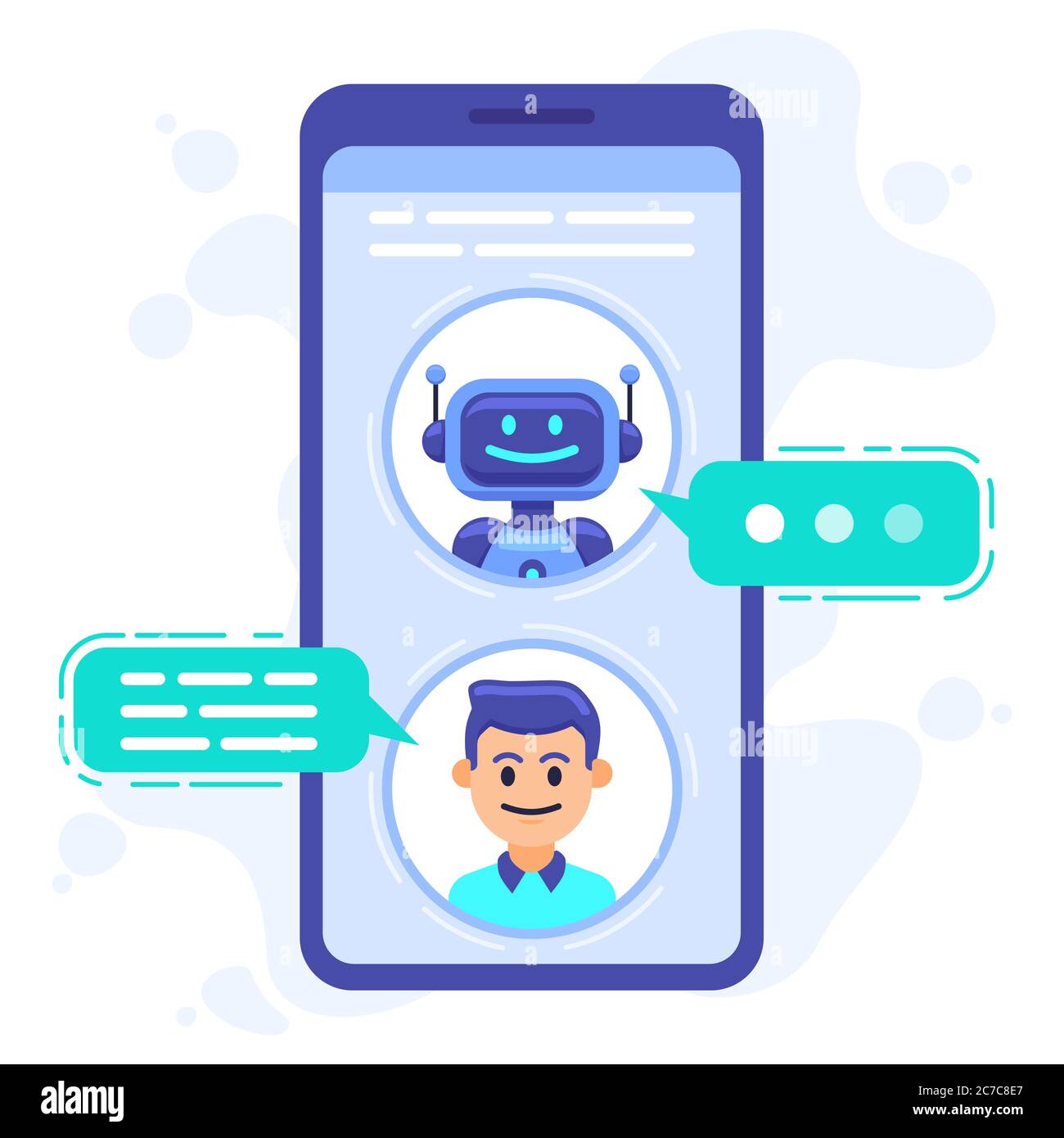 Communication avec le robot de chat. Smartphone chat avec conversation bot, assistant de chat ...
