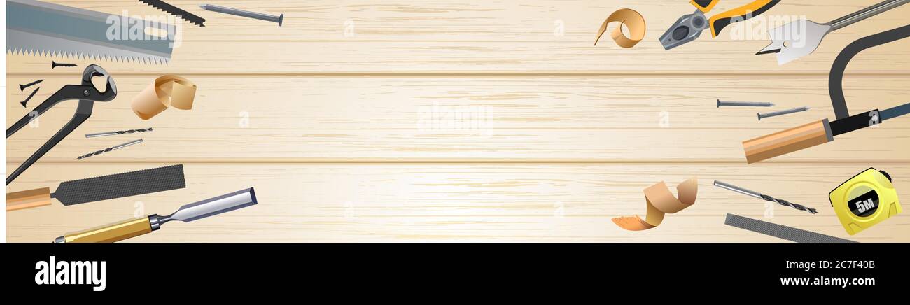 Arrière-plan du menuisier. Atelier de menuisier. Table d'artisanat ...