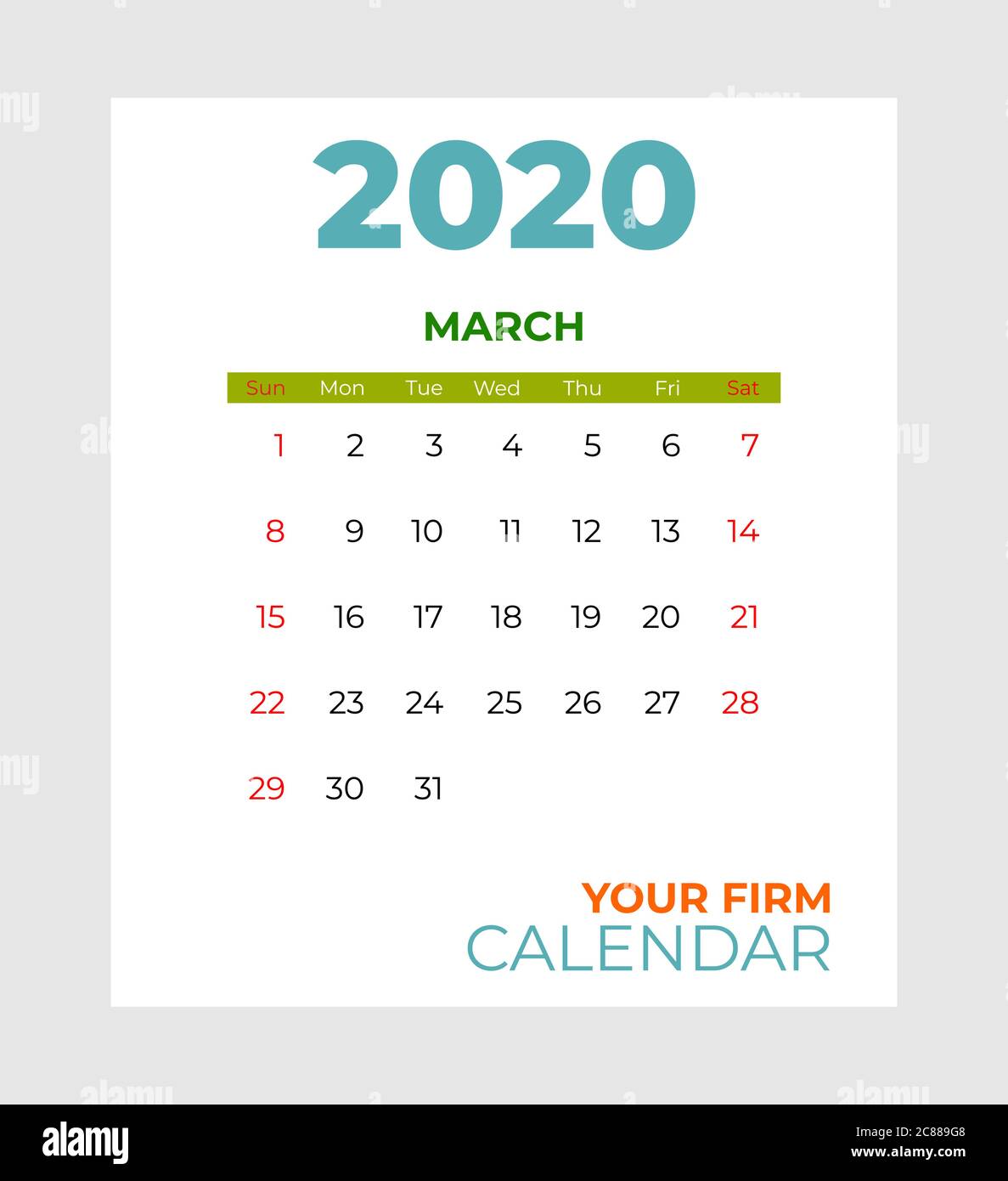 modèle de vecteur de calendrier de mars 2020. Résumé vide isolé ...