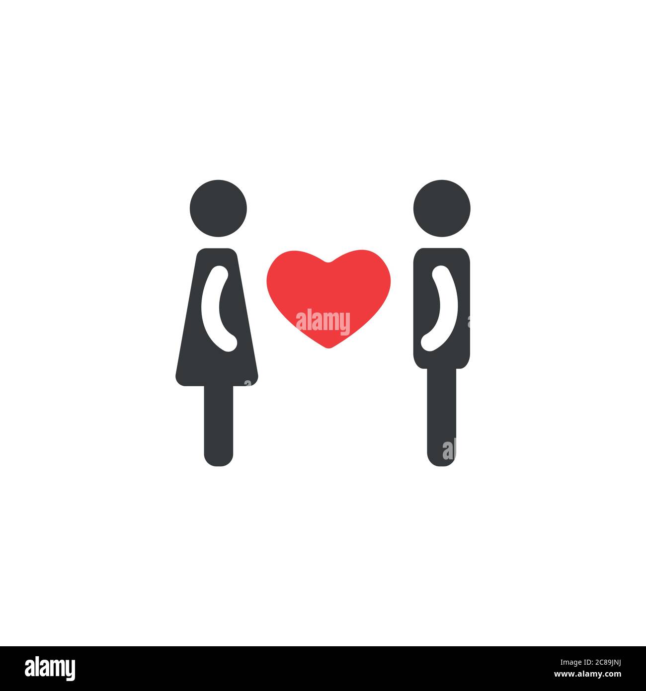 Silhouettes d'homme et de femme avec grand coeur rouge. Icône couple d ...