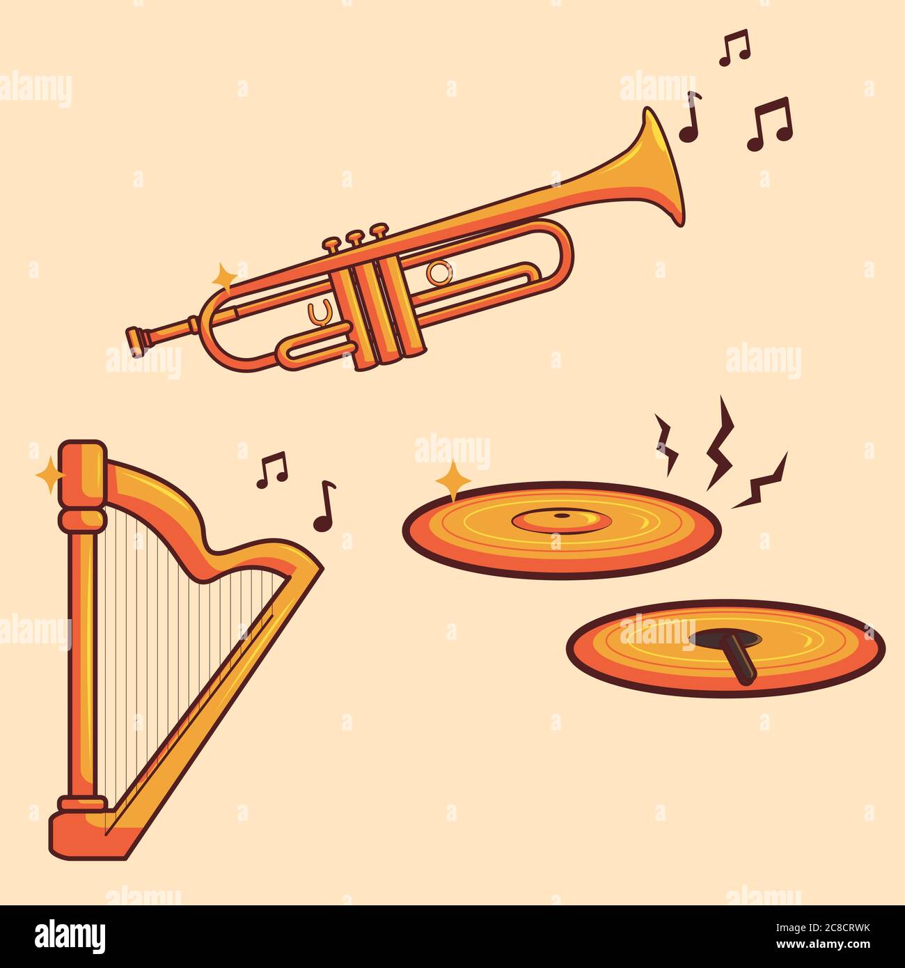Ensemble vectoriel d'instruments de musique Gold. Trompette, Harp et ...