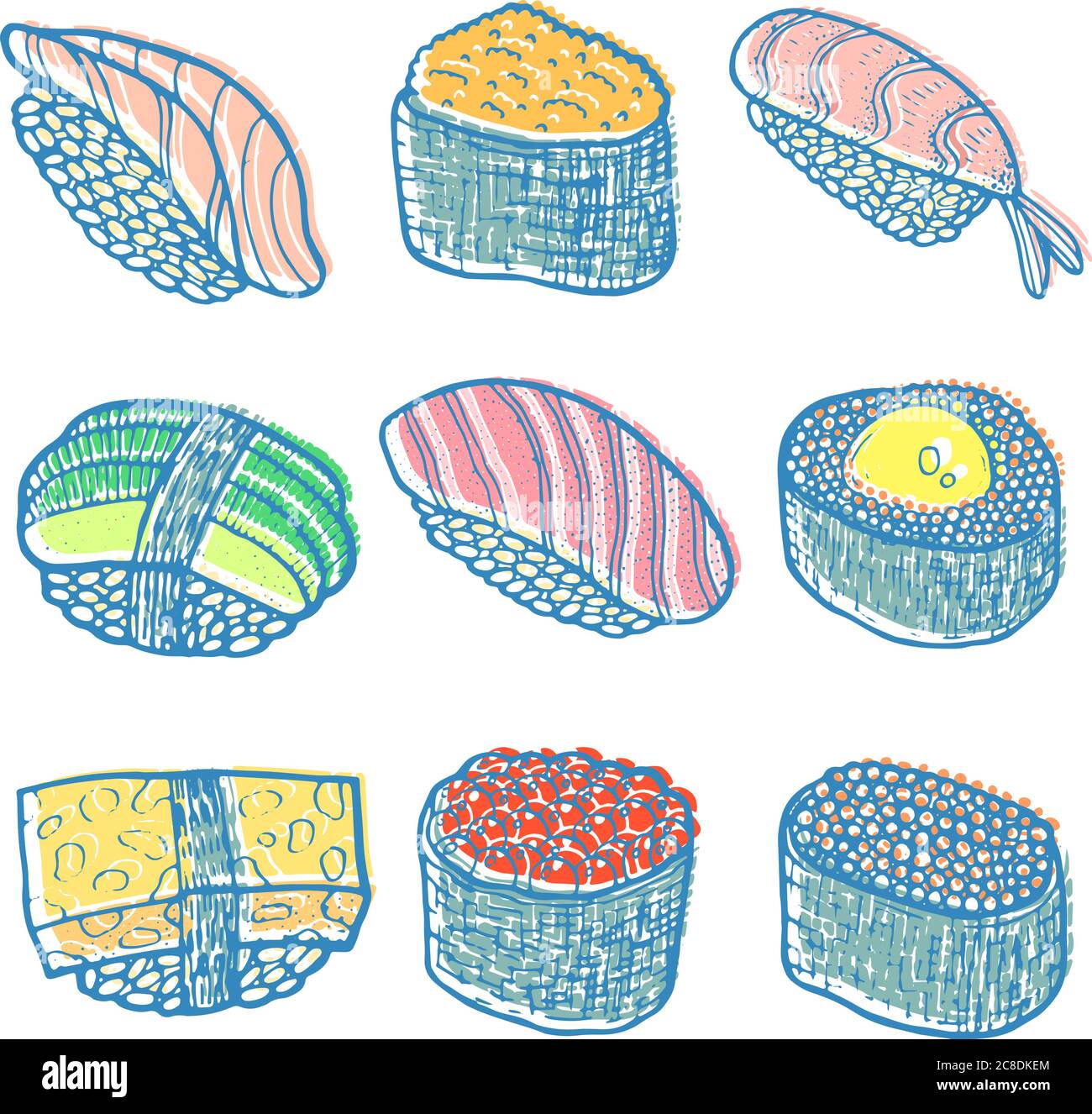 Ensemble sushi. Esquissez une illustration colorée. Collection de ...