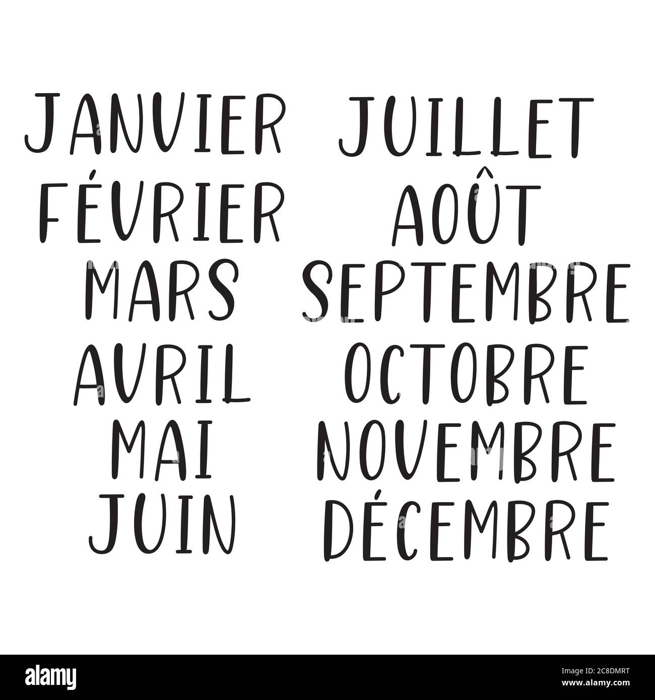 Les mois de l'année sont en français. Lettrage pour Calendrier, Agenda ...