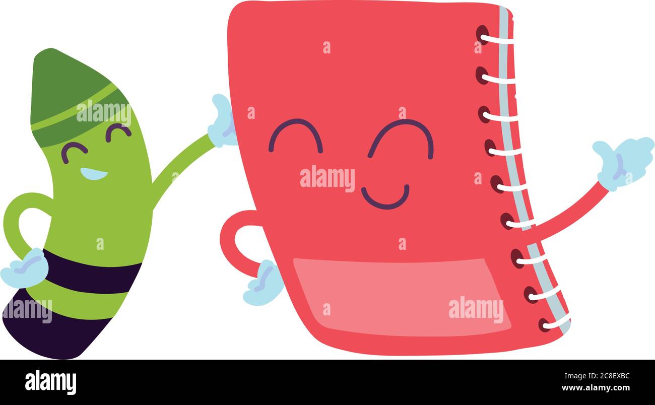 carnet et crayons avec dessin animé happy face, fournitures scolaires ...