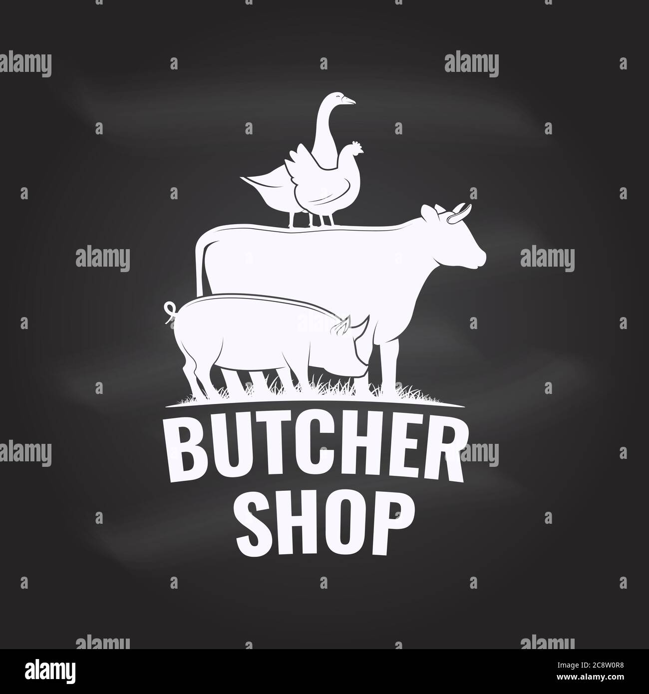 Étiquette d'insigne de boucherie avec vache, bœuf, porc, porc, poulet ...