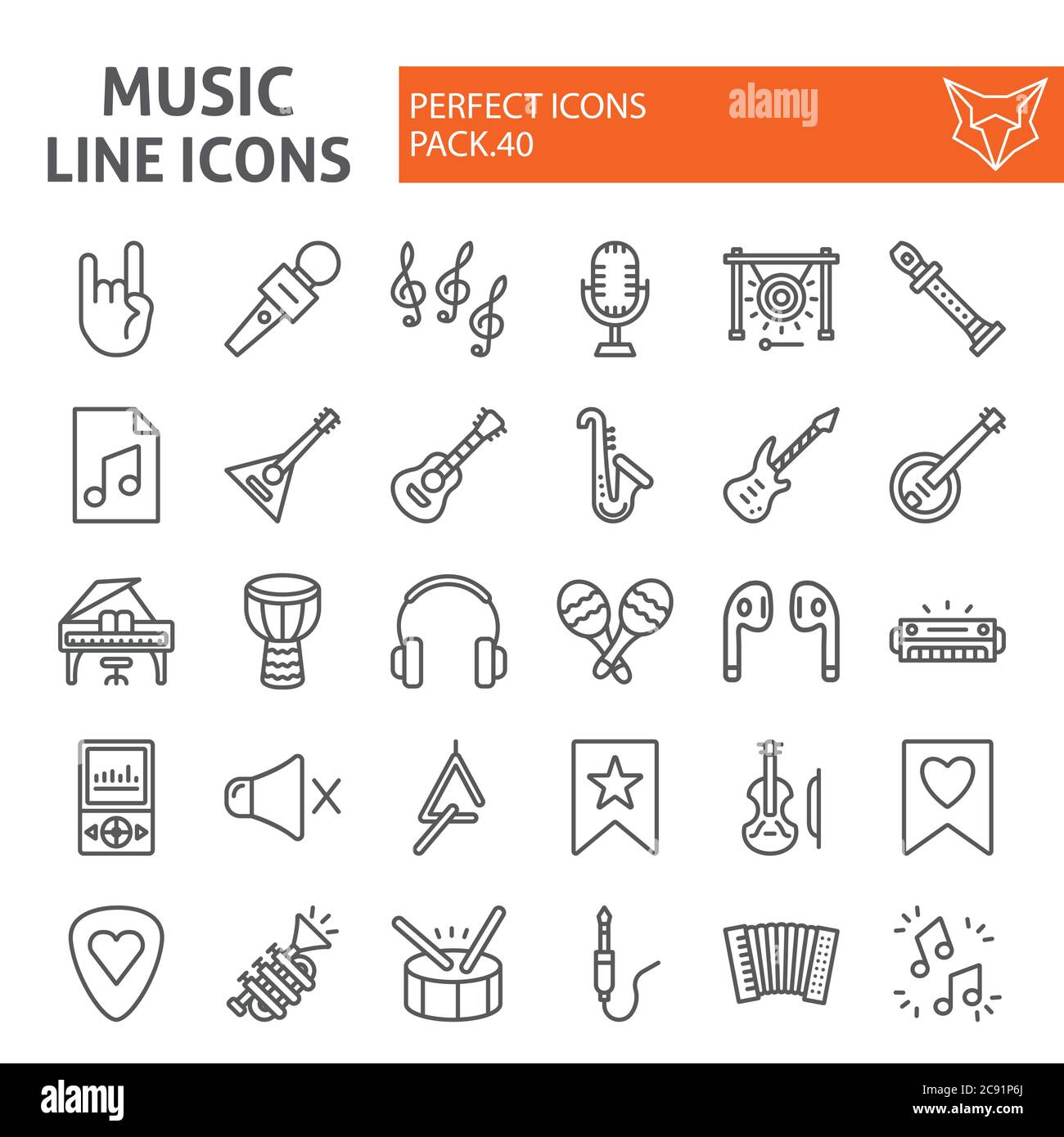 Jeu d'icônes de ligne musicale, collection de symboles d'instruments de ...