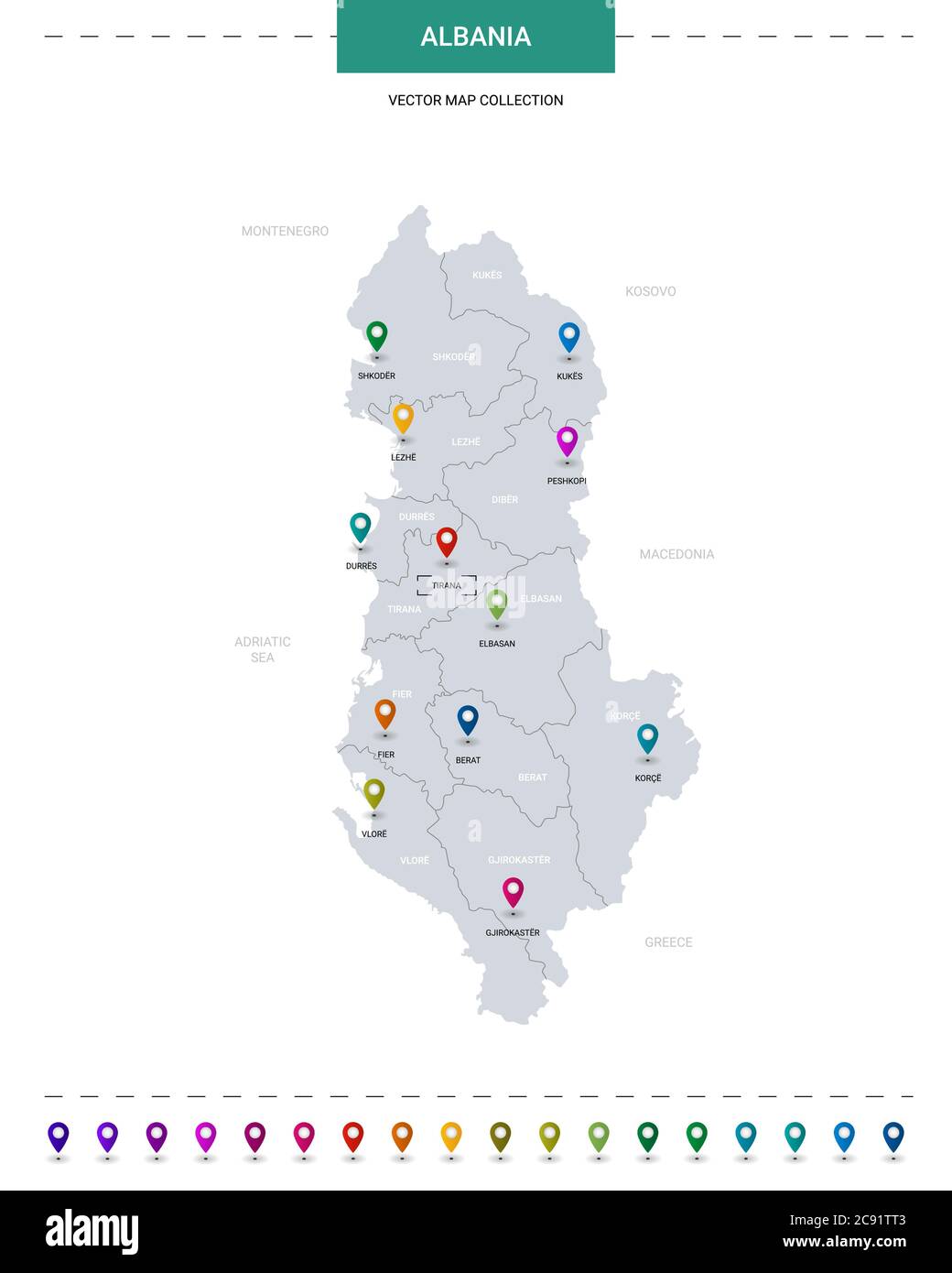 Carte de l'Albanie avec repères de localisation. Modèle vectoriel d ...