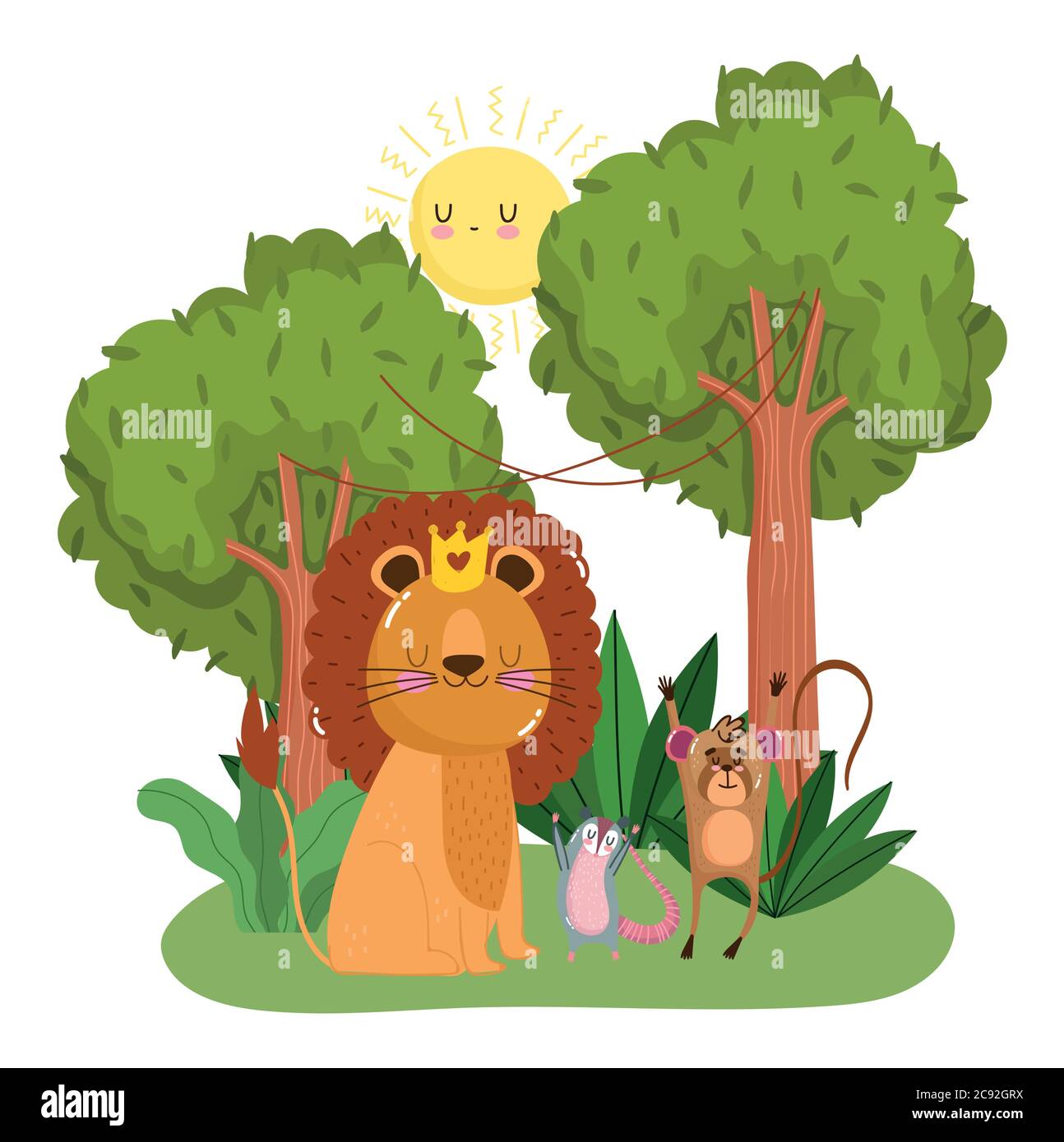 animaux mignons lion singe et opossum arbres feuillage herbe forêt ...
