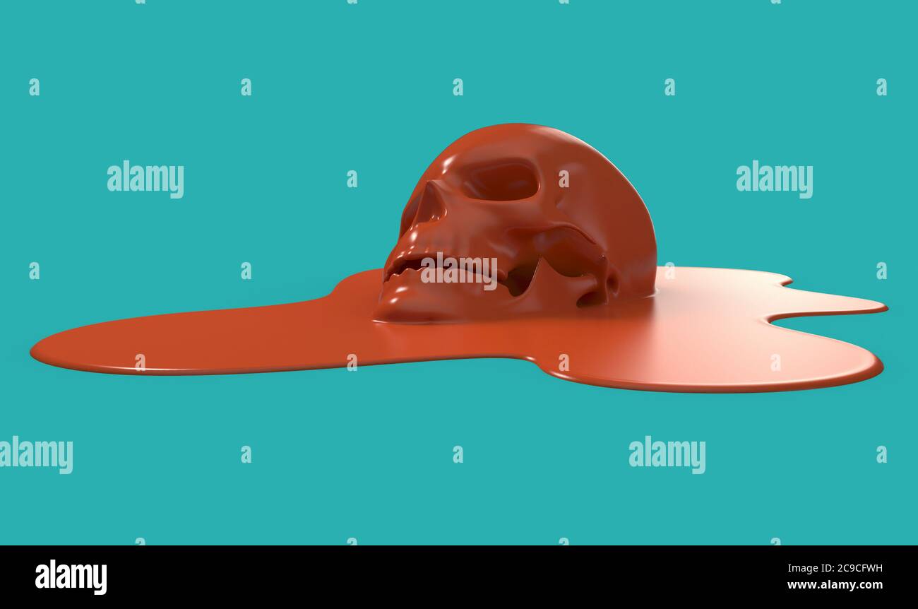 Un concept sylisé d'un crâne humain rouge en fusion dans une flaque de ...