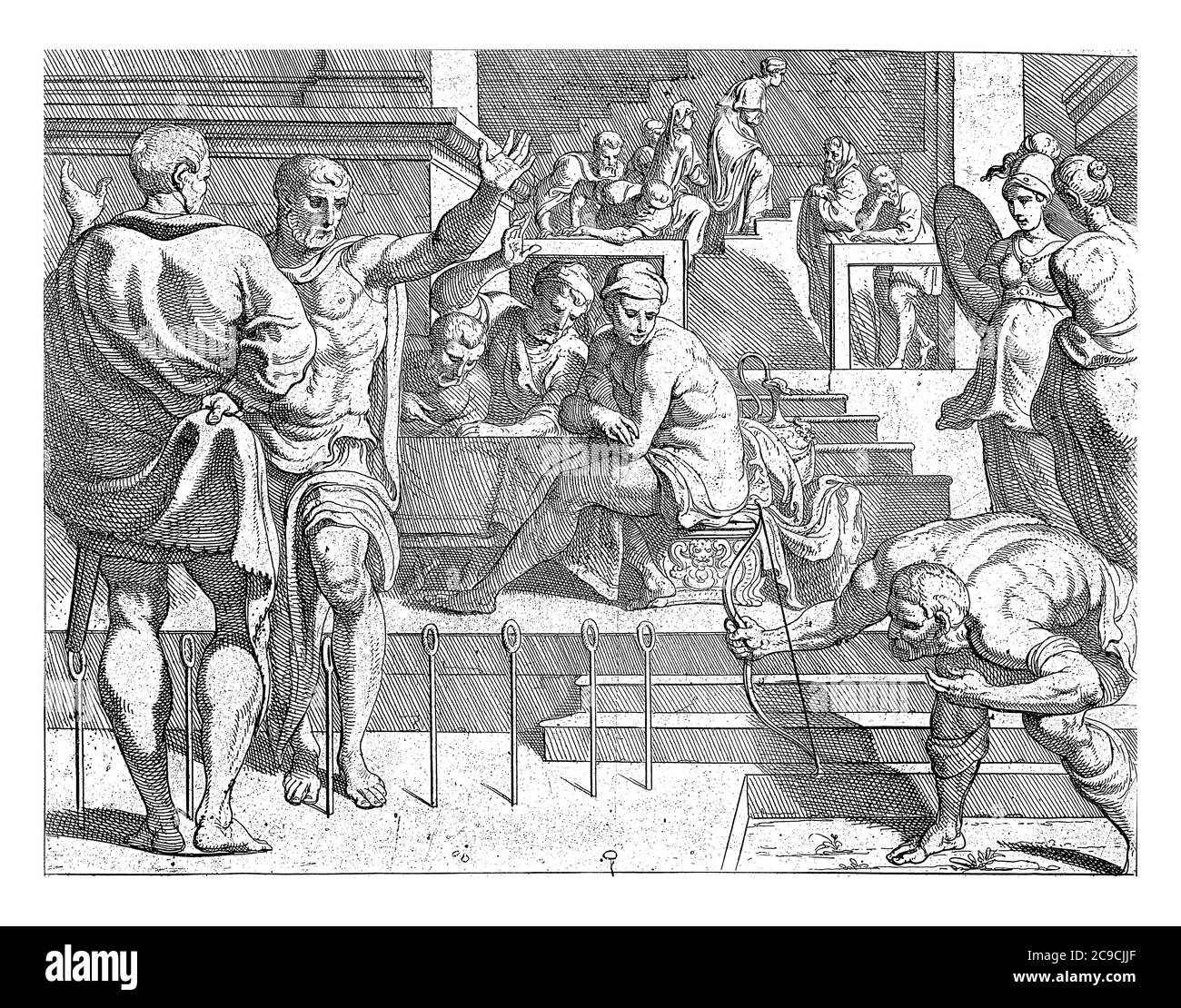 Odysseus tire la flèche à travers les douze anneaux, en présence des ...