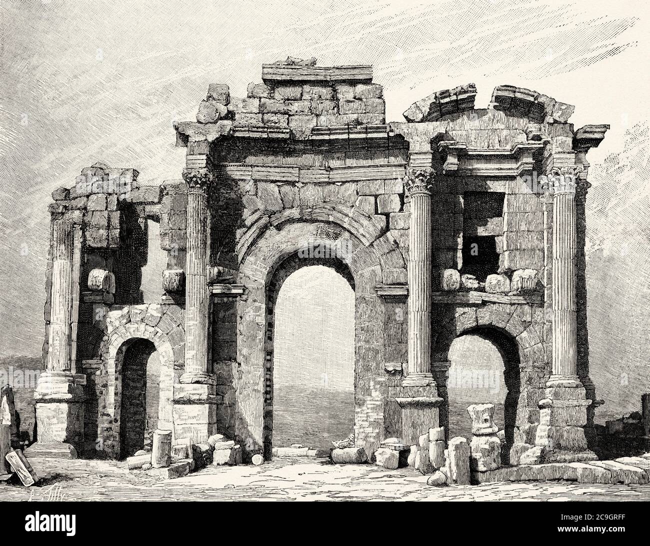 Arche de Trajan à la ville romaine de Timgad, Algérie. Illustration ...