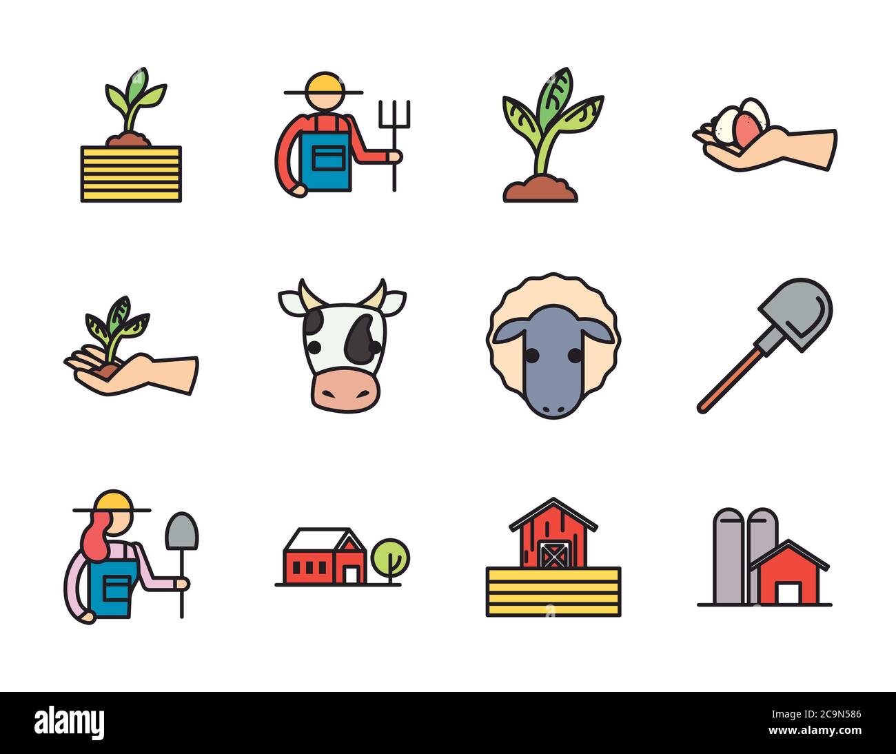 Modèle de jeu d'icônes de style de ferme et de remplissage, agronomie ...
