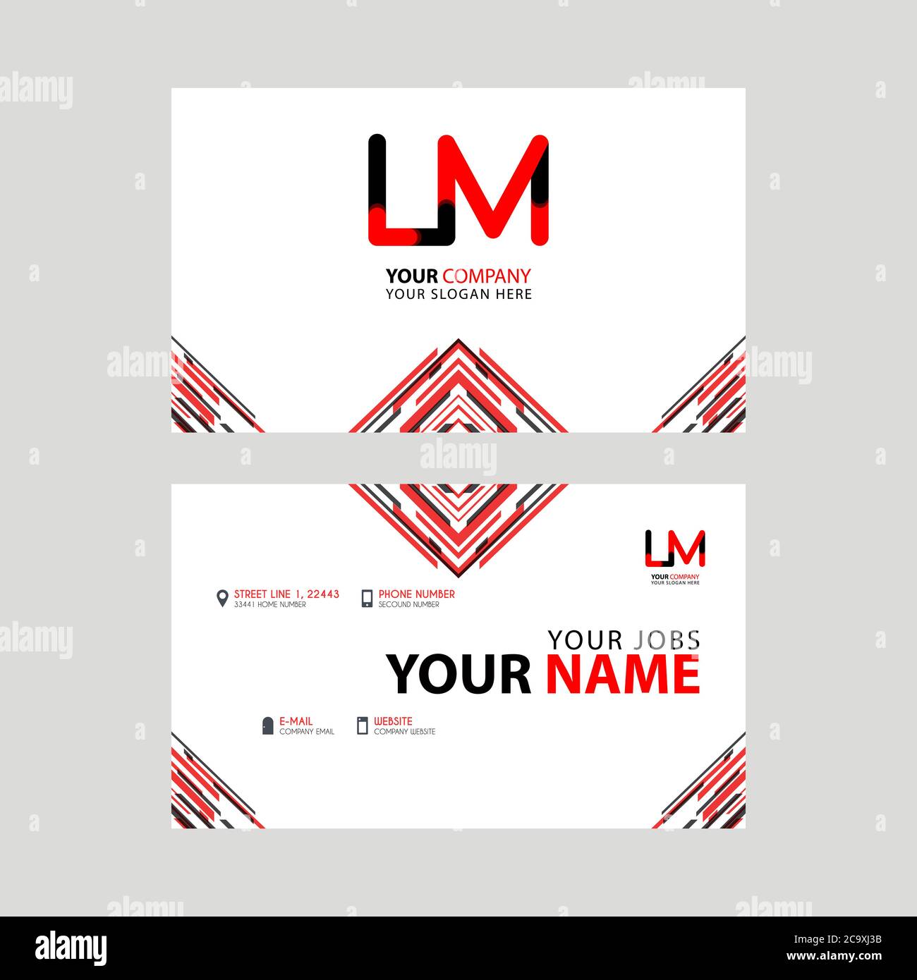 Carte de nom horizontale avec logo LM lettre et simple rouge noir et ...