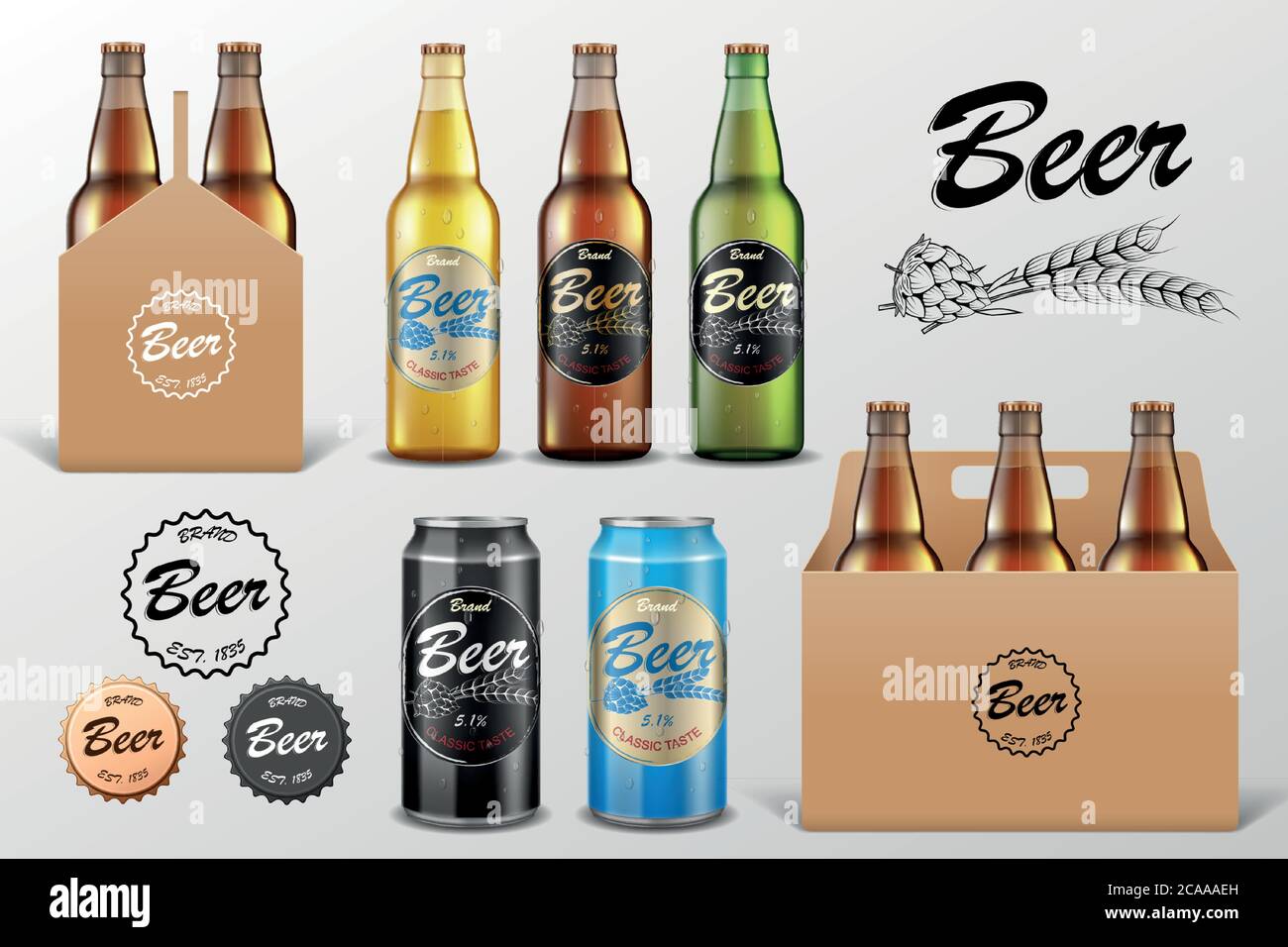 Ensemble réaliste de bouteille de bière en verre dans la boîte d ...
