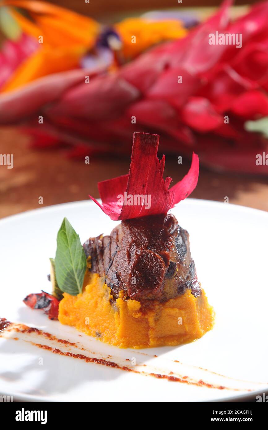 Injection verticale d'une purée de carottes avec aubergine et betterave ...