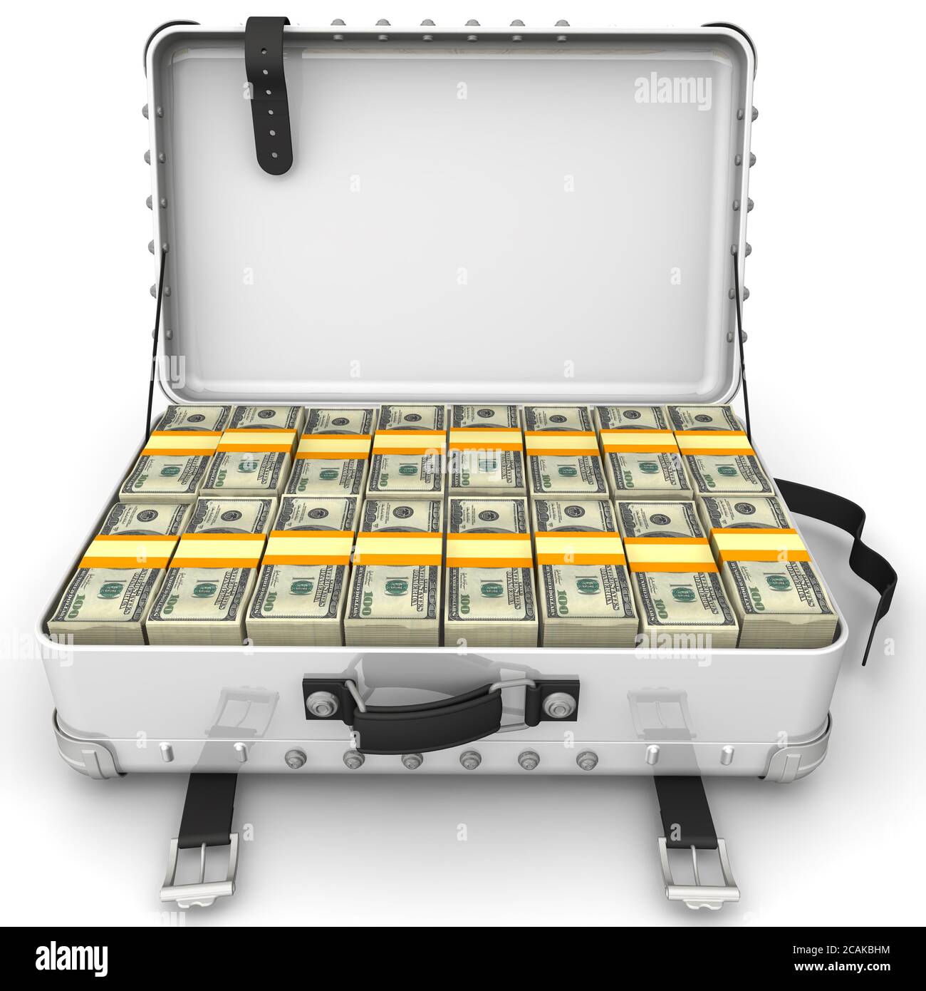 Valise pleine d'argent. Une valise ouverte remplie de paquets de dollars américains ...