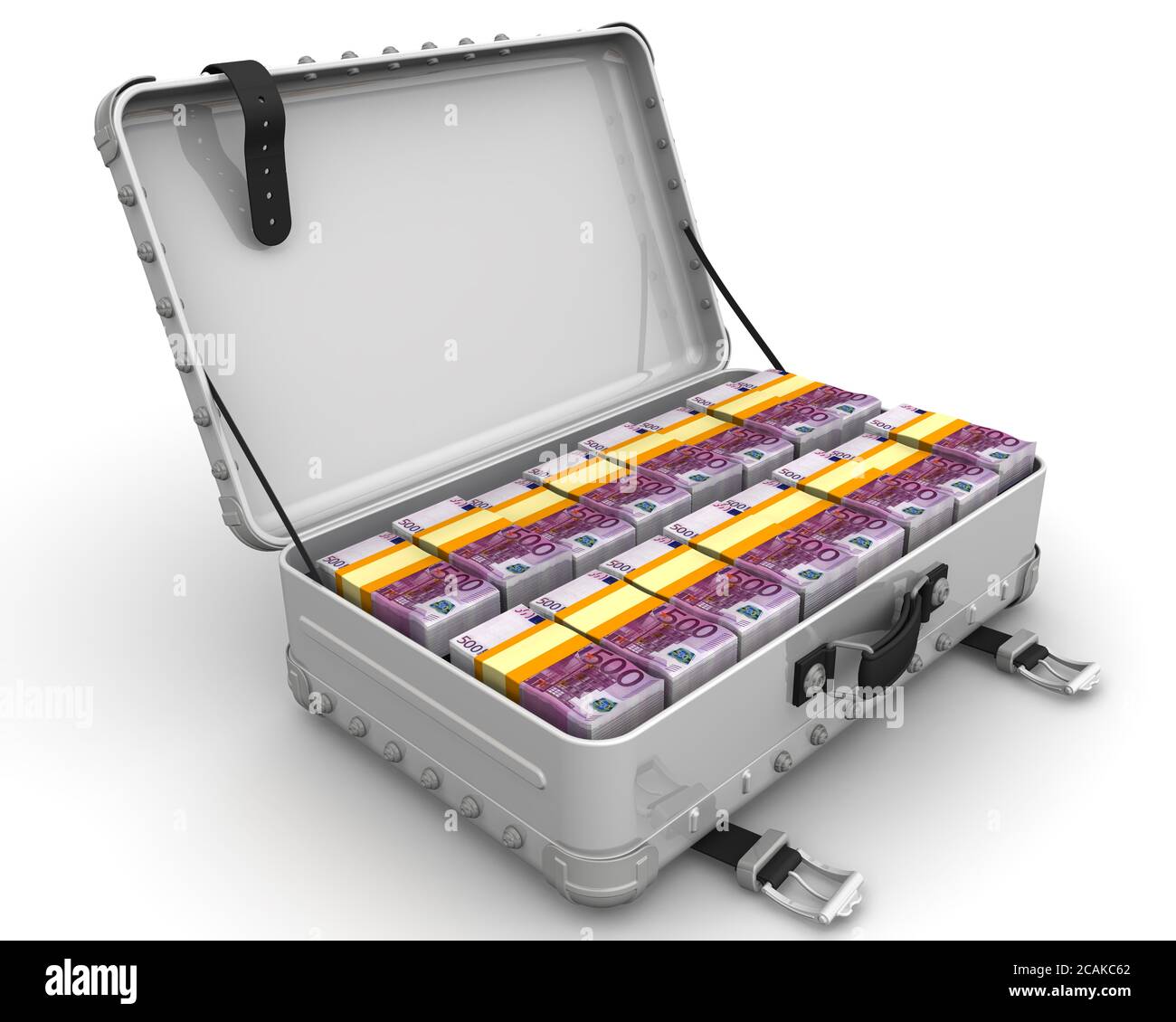Valise pleine d'argent. Une valise remplie de forfaits de devises européennes. Illustration 3D ...