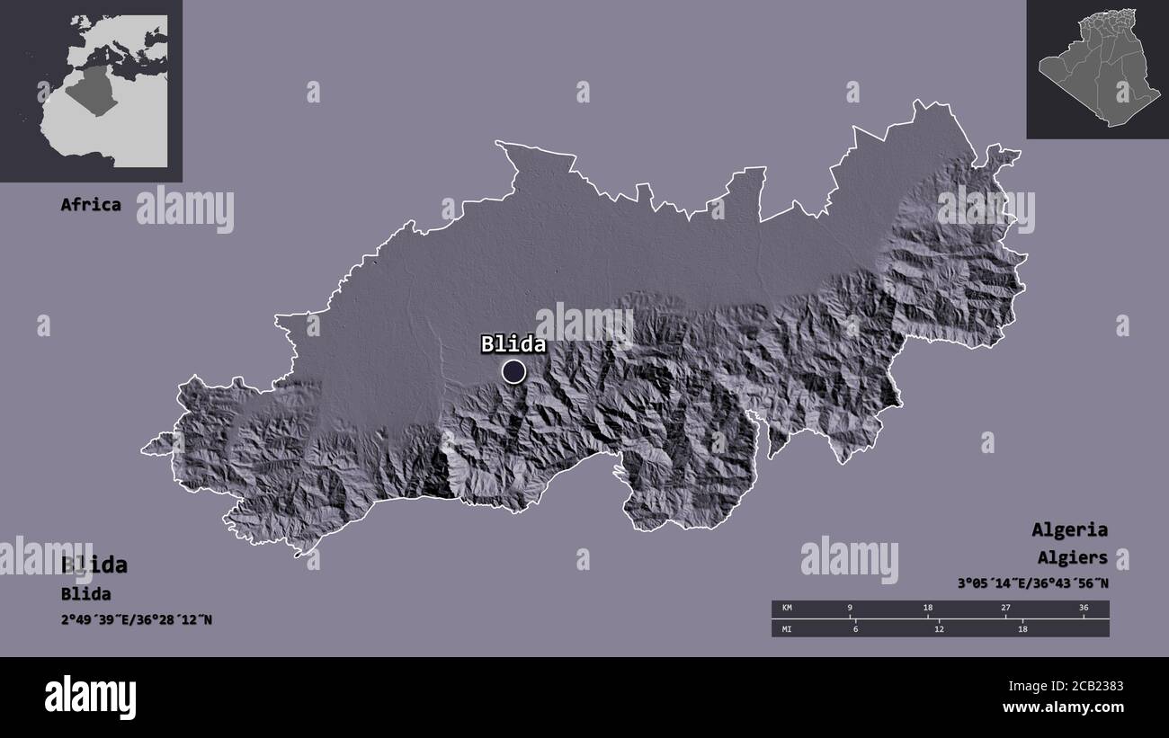Forme de Blida, province d'Algérie, et sa capitale. Echelle de distance ...