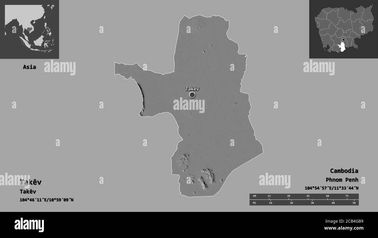 Forme de Takêv, province du Cambodge, et sa capitale. Echelle de ...