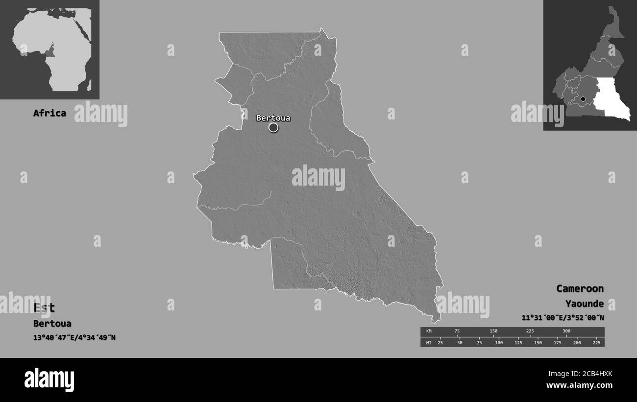 Forme de l'est, région du Cameroun, et sa capitale. Echelle de distance ...