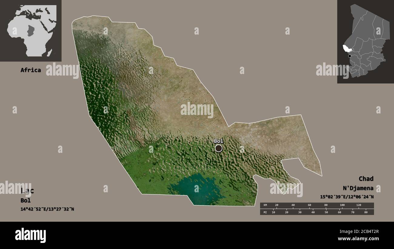Forme du Lac, région du Tchad, et sa capitale. Echelle de distance ...