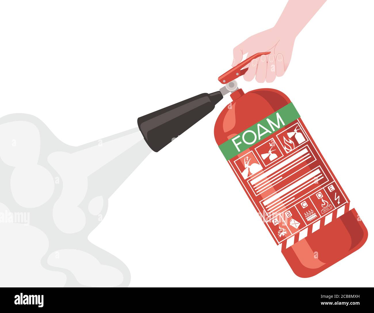 Tenir la main et utiliser un extincteur à mousse avec des étiquettes de ...