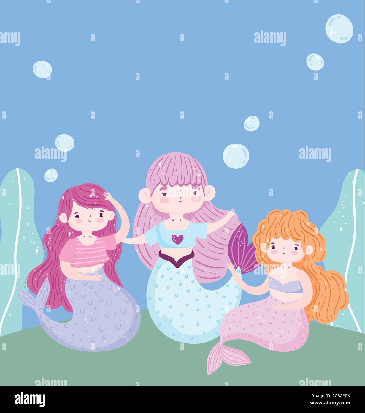 mignon petits mermaids bulles algues sous-marin fantaisie dessin animé ...