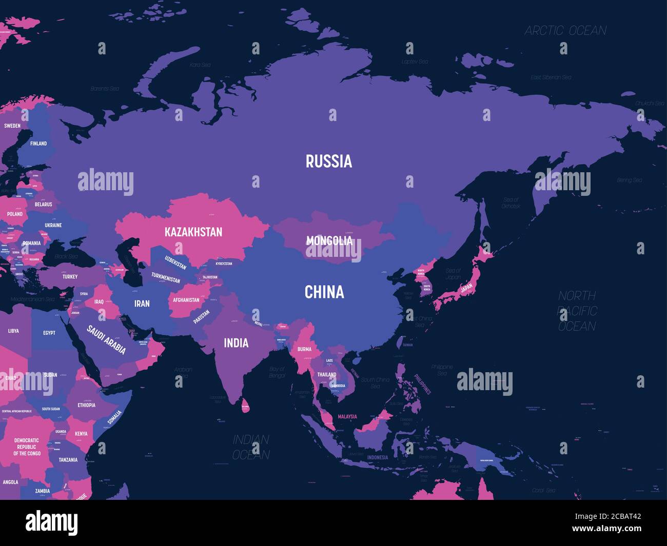 Asie. Carte politique détaillée du continent asiatique avec étiquetage ...