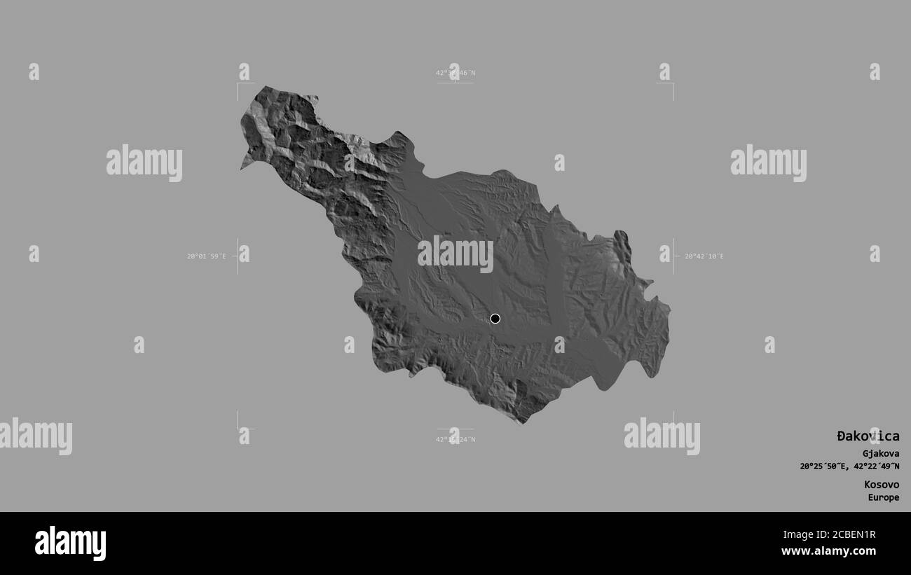 Région de Đakovica, district du Kosovo, isolée sur fond solide dans une ...
