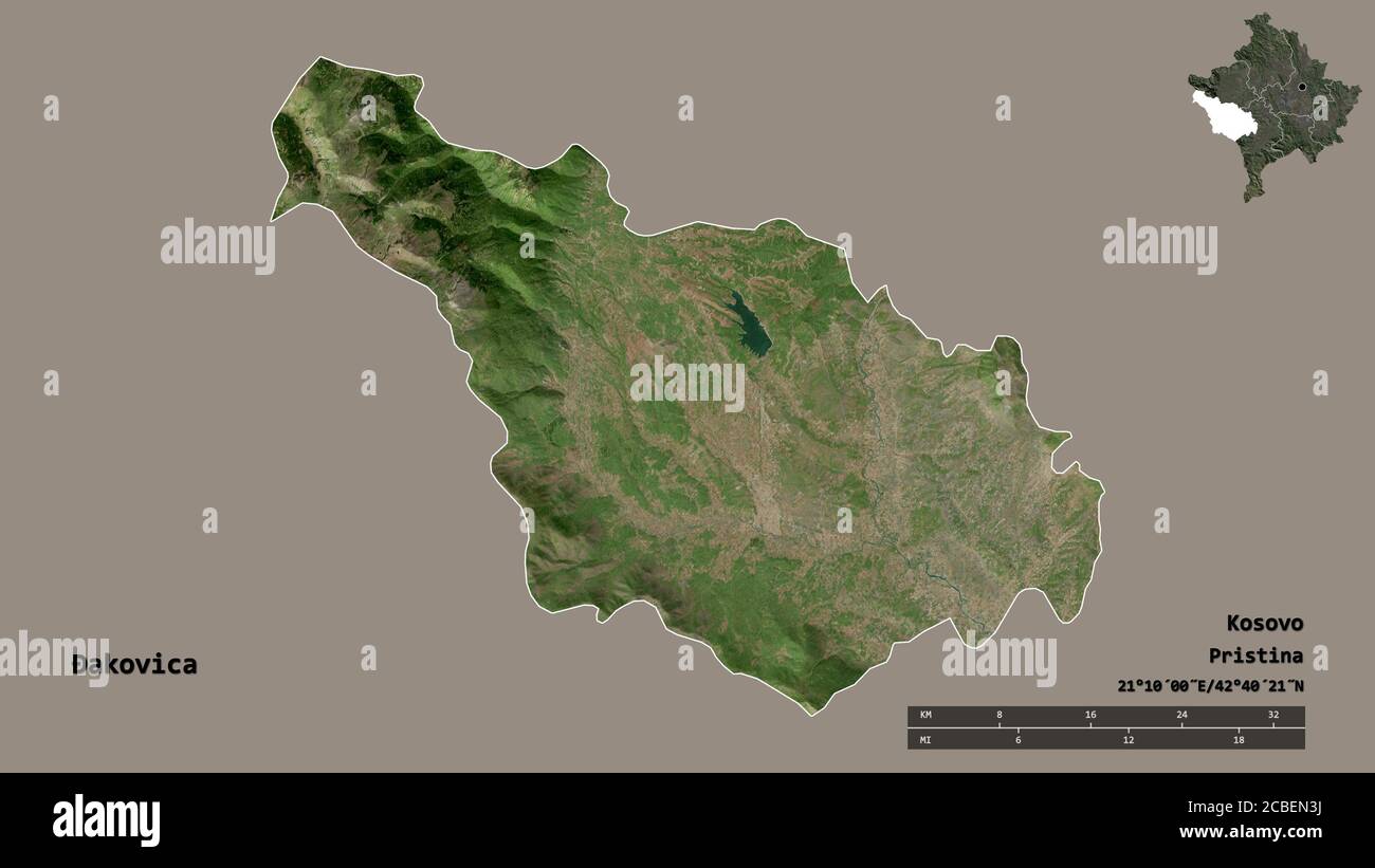 Forme de Đakovica, district du Kosovo, avec sa capitale isolée sur fond ...