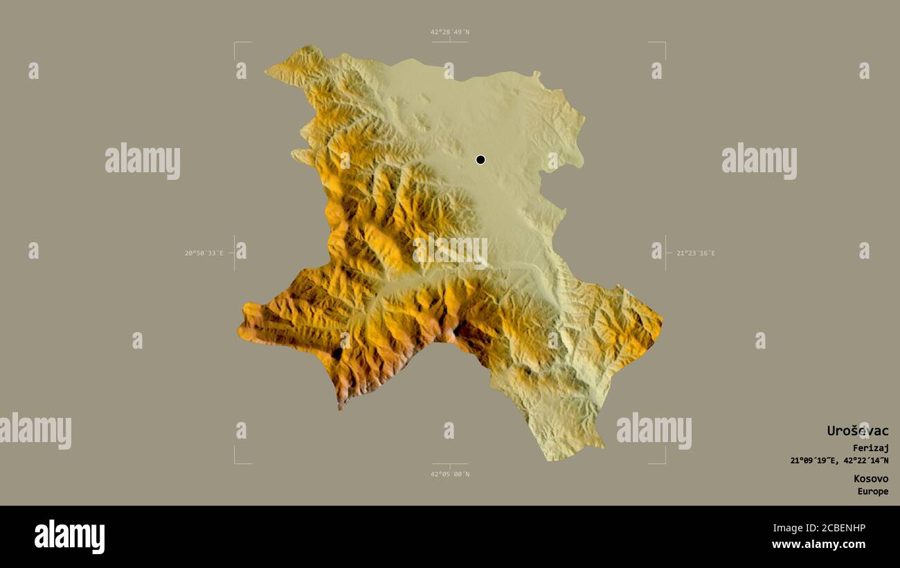 Zone d'Uroševac, district du Kosovo, isolée sur fond solide dans une ...