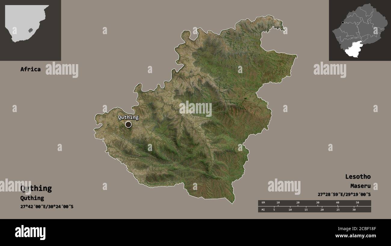 Forme de Quthing, district du Lesotho, et sa capitale. Echelle de ...
