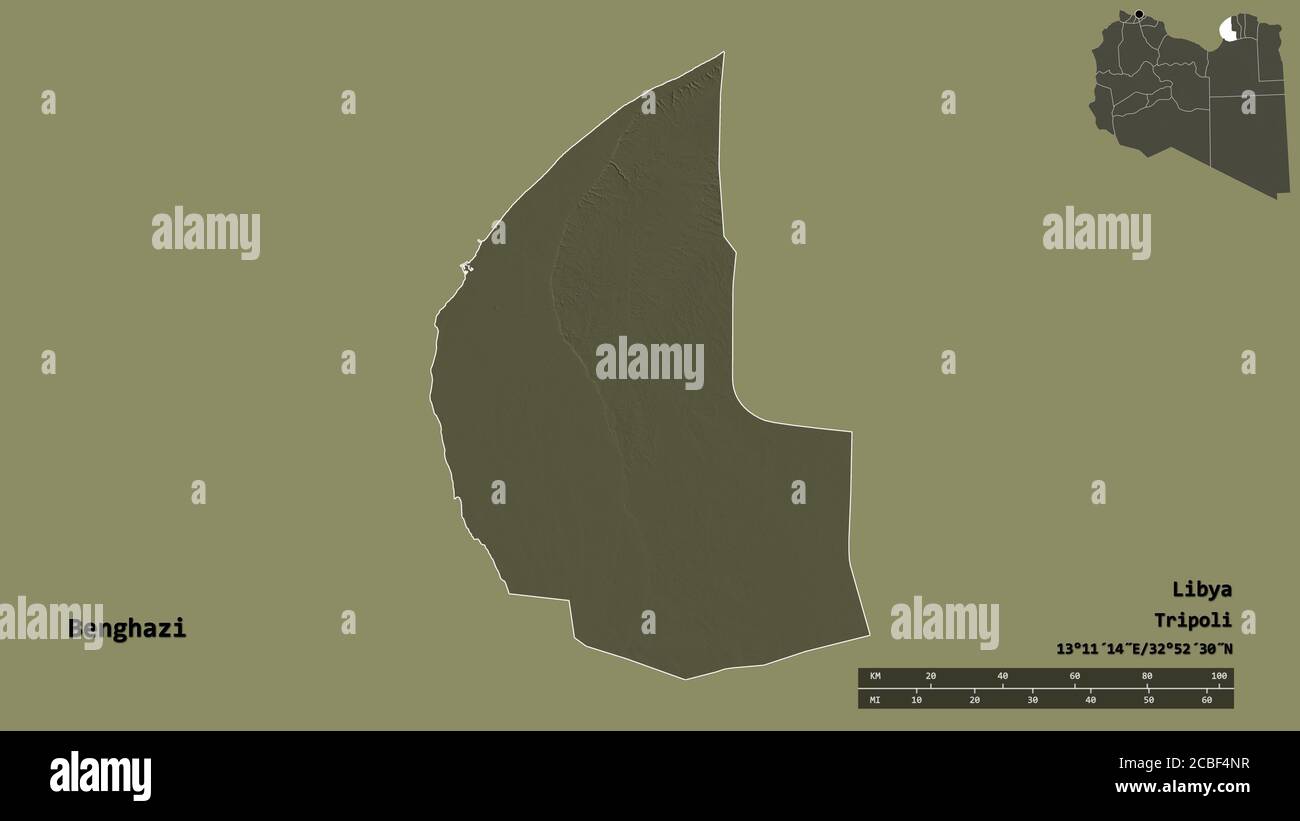 Forme de Benghazi, district de Libye, avec sa capitale isolée sur fond solide. Échelle de ...