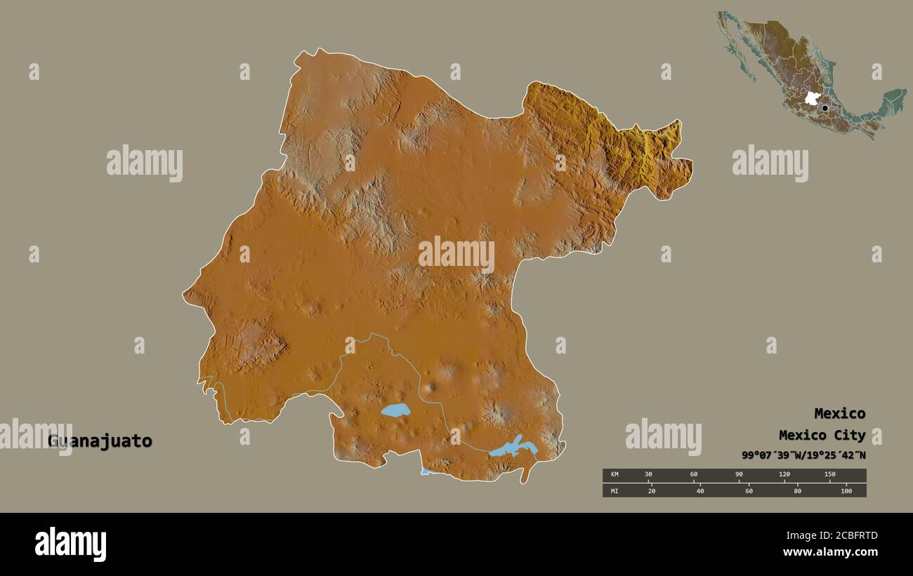 Forme de Guanajuato, État du Mexique, avec sa capitale isolée sur fond ...