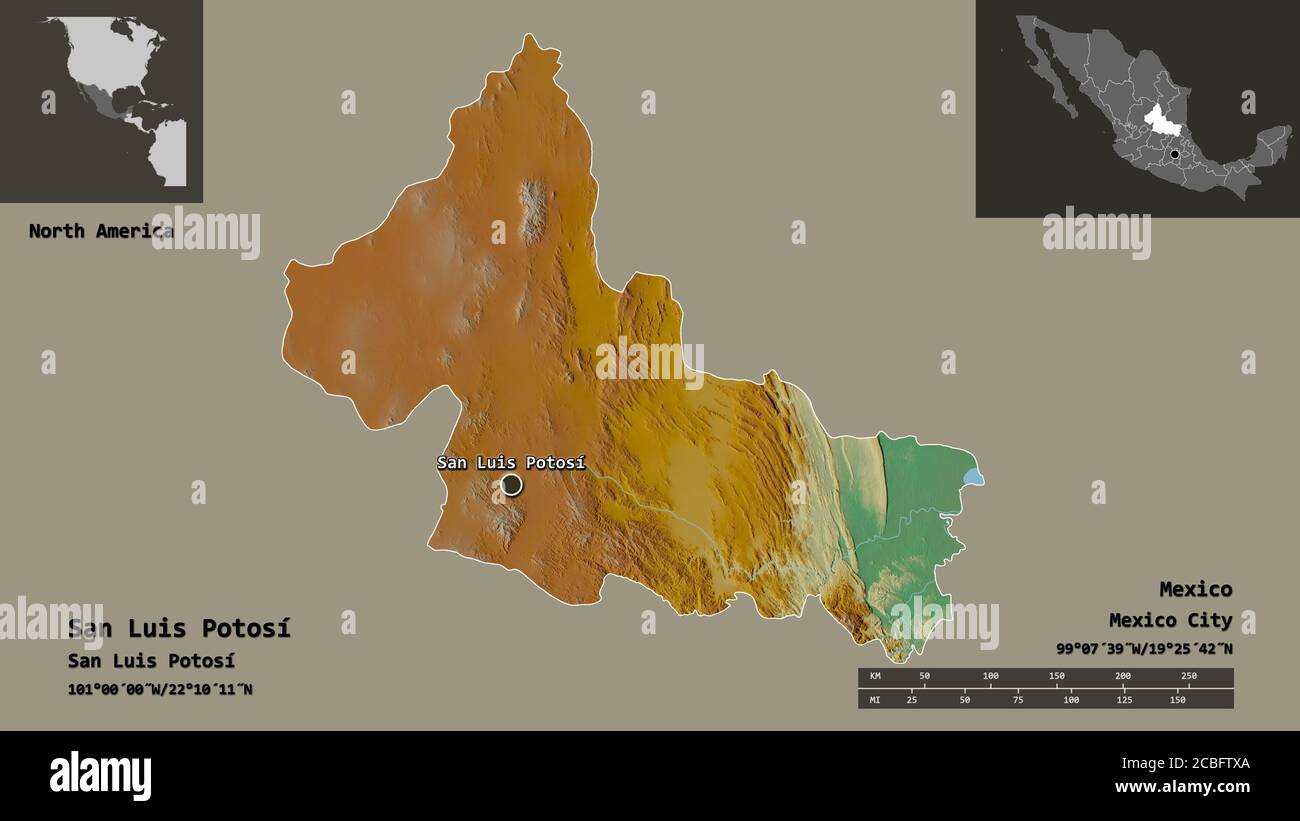 Forme de San Luis Potosí, état du Mexique, et sa capitale. Echelle de ...