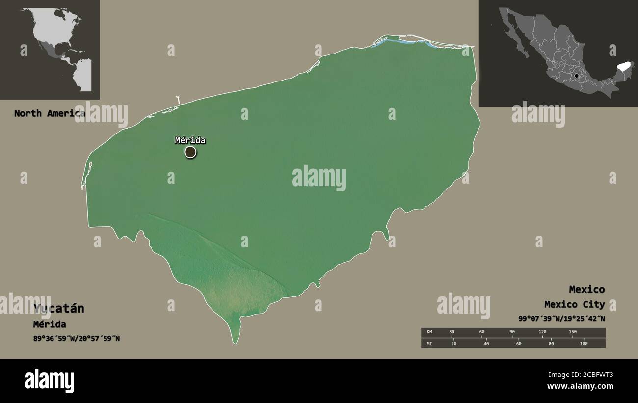 Forme du Yucatán, état du Mexique, et sa capitale. Echelle de distance ...