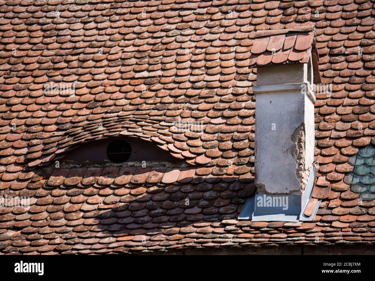 Détails des toits de tuiles rouges de la ville médiévale de Brasov en ...