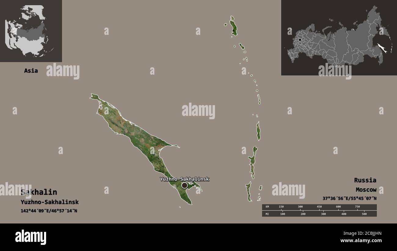 Forme de Sakhaline, région de la Russie, et sa capitale. Echelle de ...