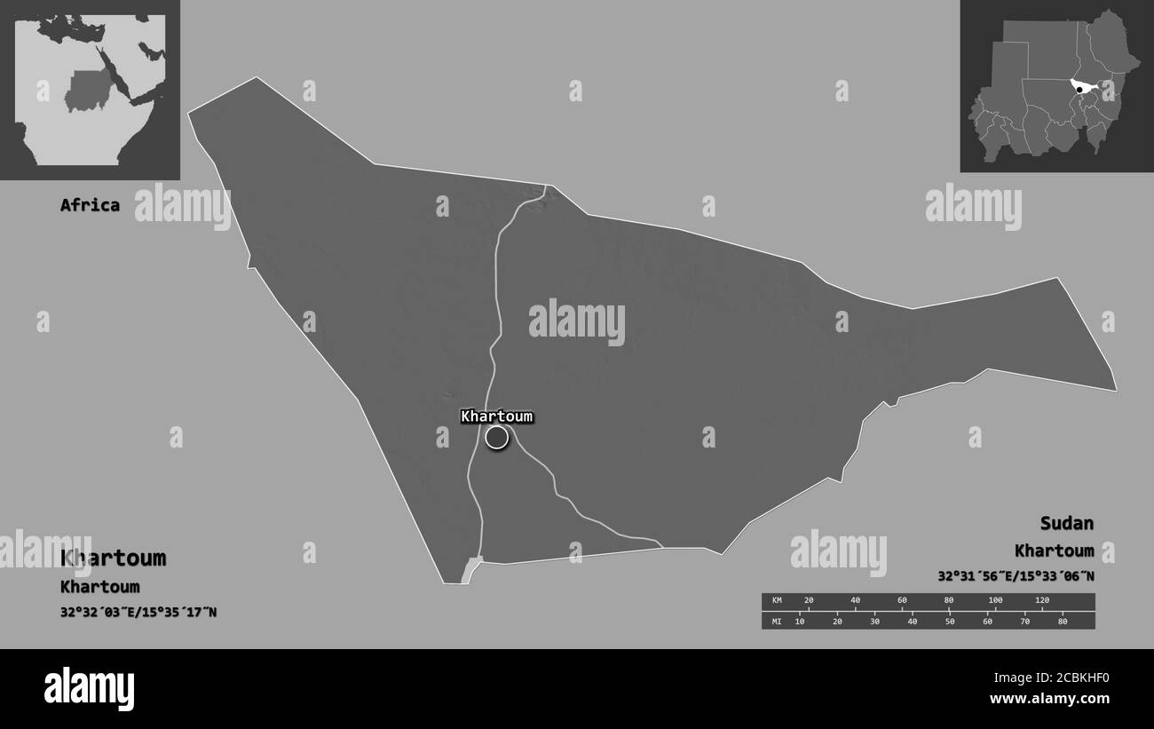 Forme de Khartoum, État du Soudan, et sa capitale. Echelle de distance ...