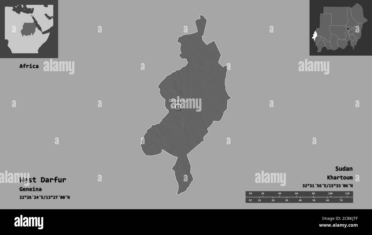 Forme du Darfour occidental, état du Soudan et sa capitale. Echelle de ...