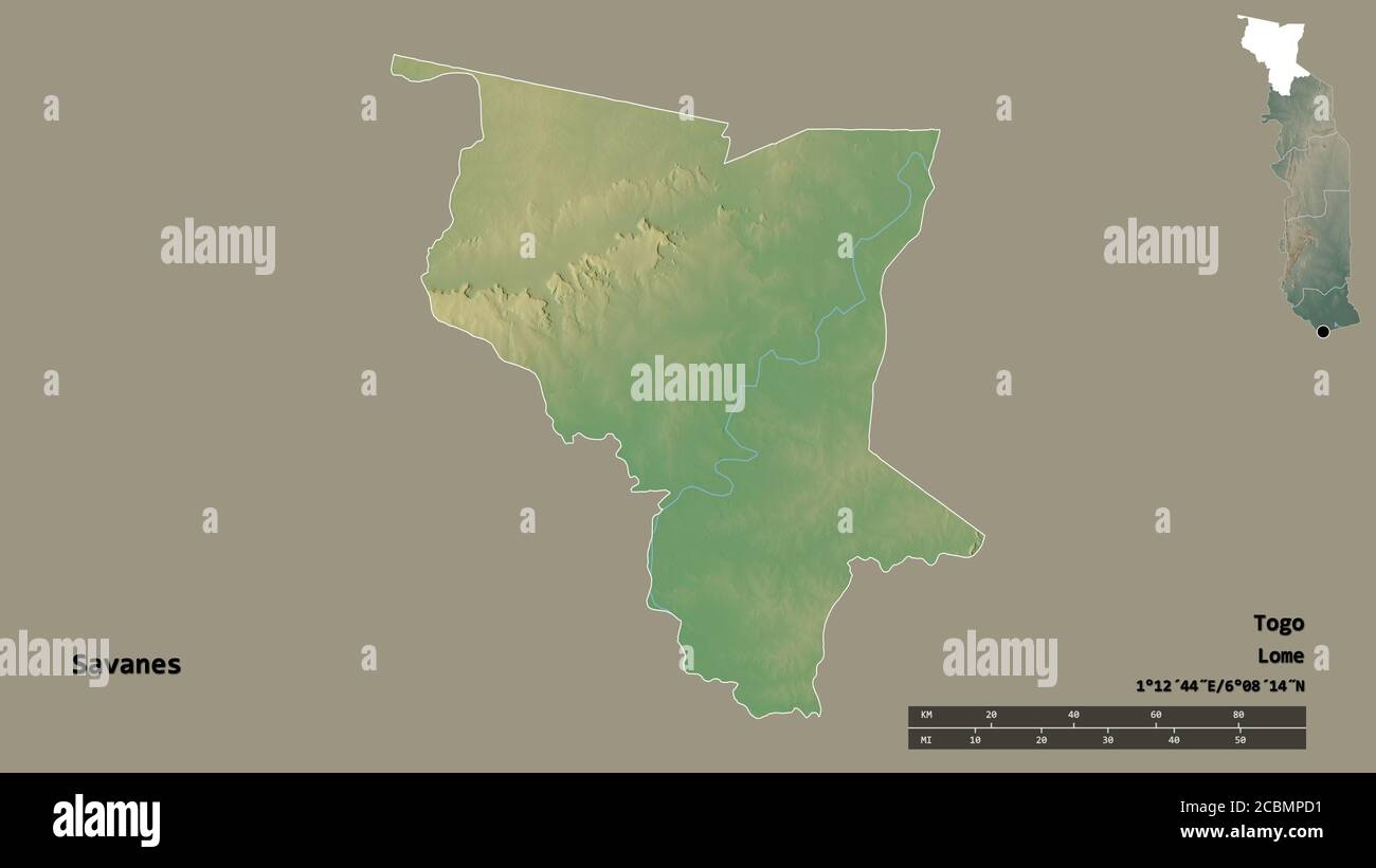 Forme de Savanes, région du Togo, avec sa capitale isolée sur fond solide. Échelle de distance ...