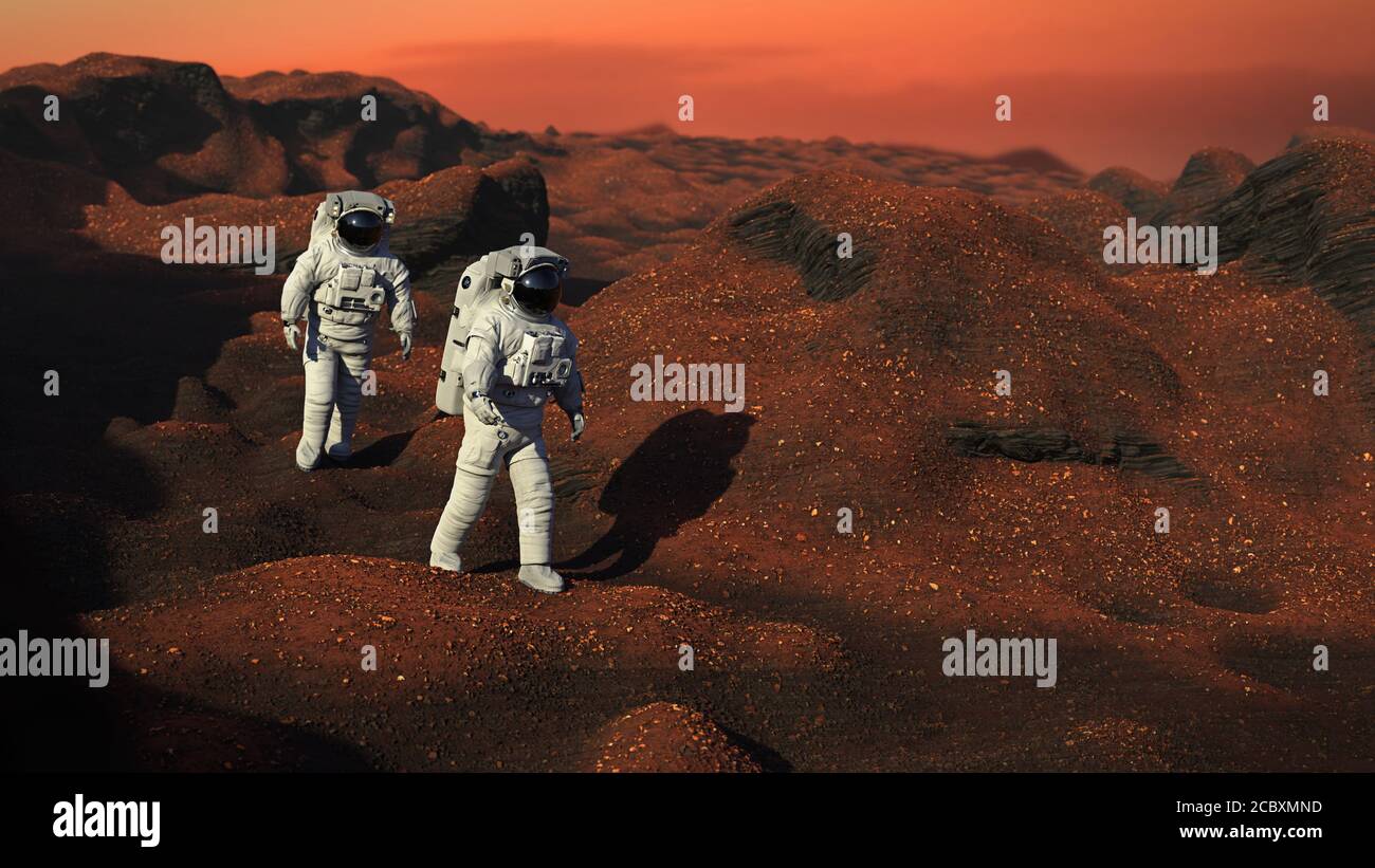 Astronautes sur Mars, voyageurs de l'espace explorant le paysage rouge ...