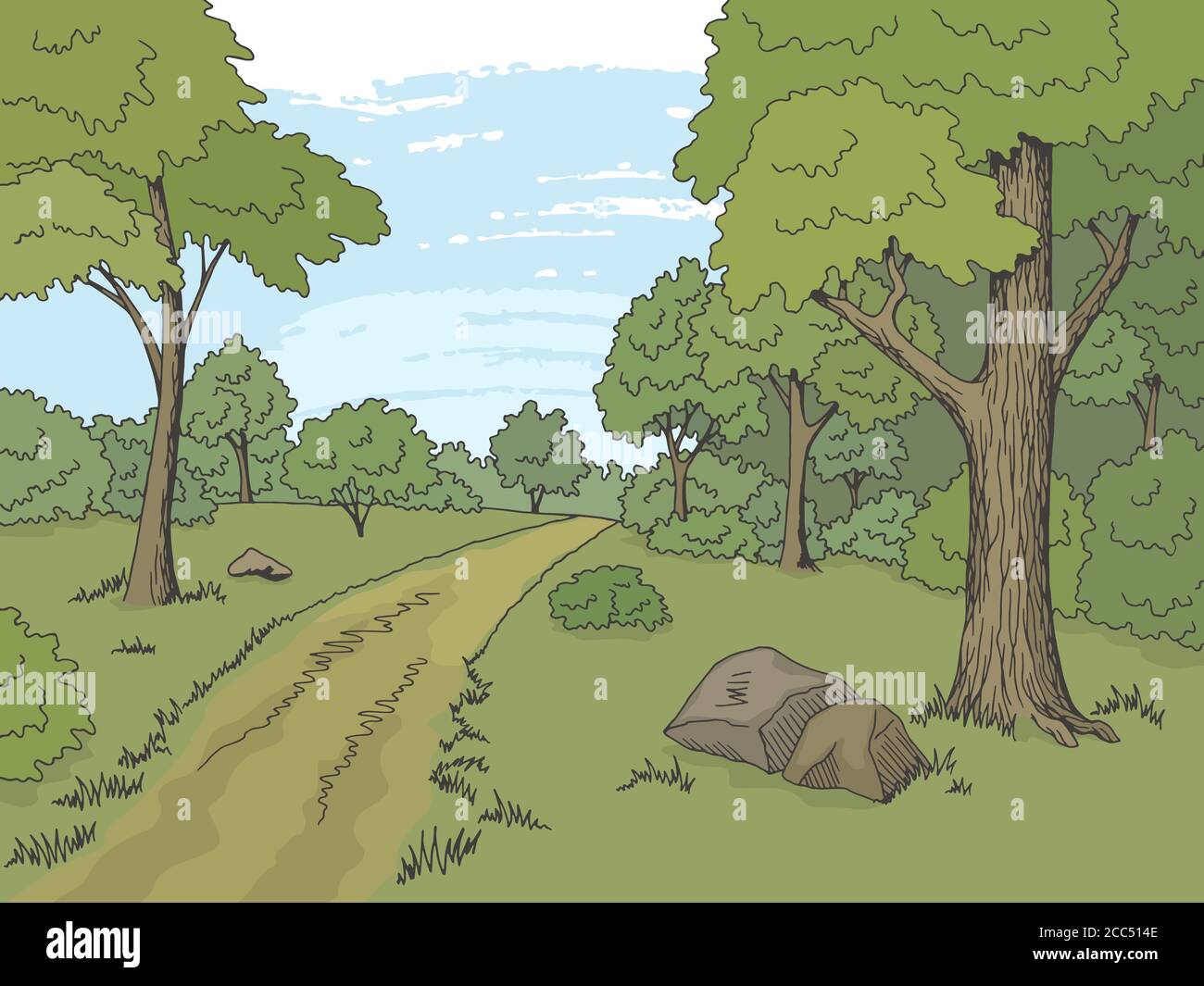 Forêt route graphique couleur paysage dessin vecteur d'illustration ...