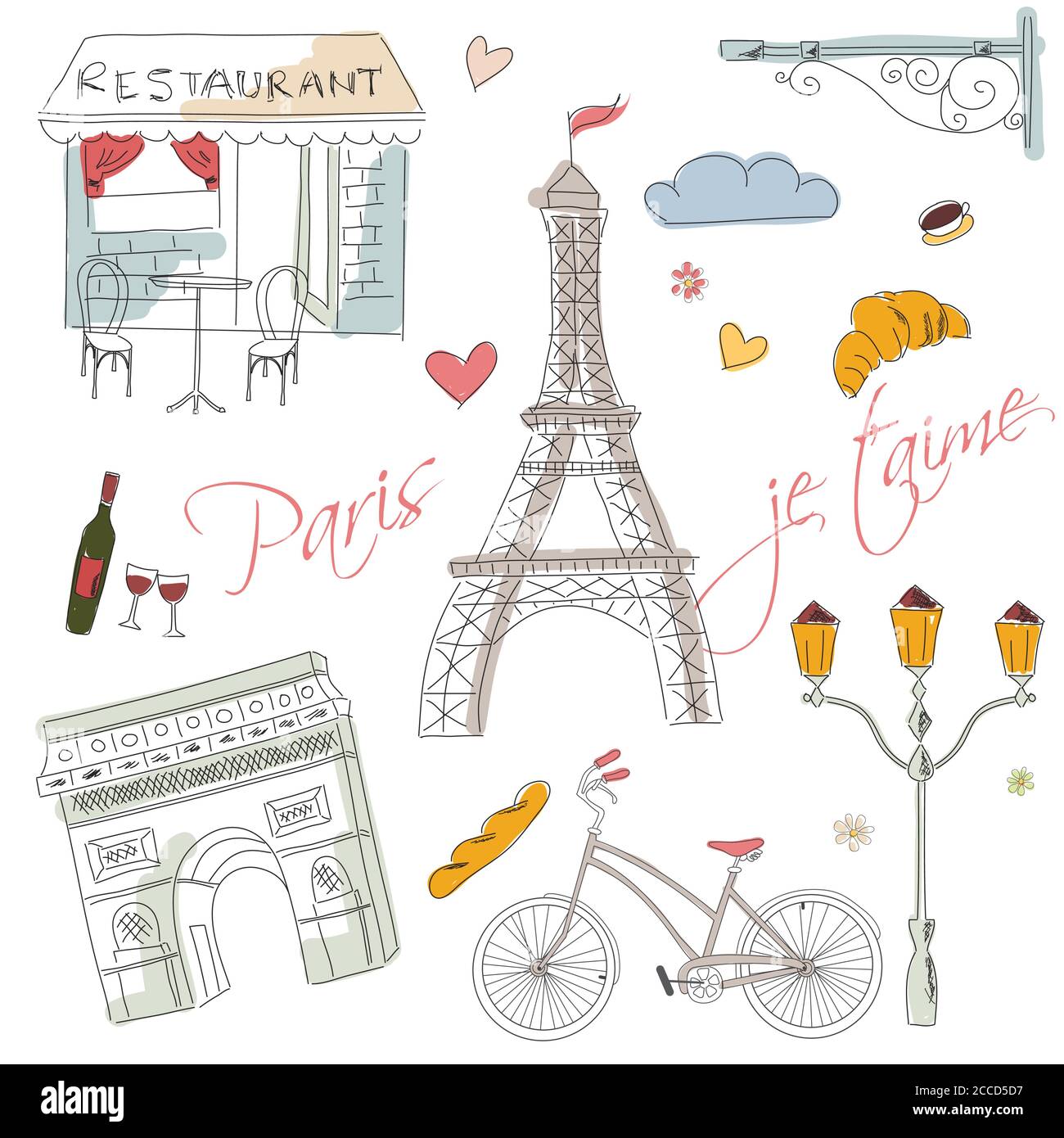 Symboles de Paris, carte postale, dessin à la main, illustration ...