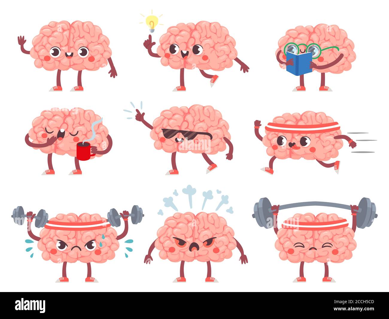 Caractères du cerveau. Cerveaux heureux dans différentes poses et ...