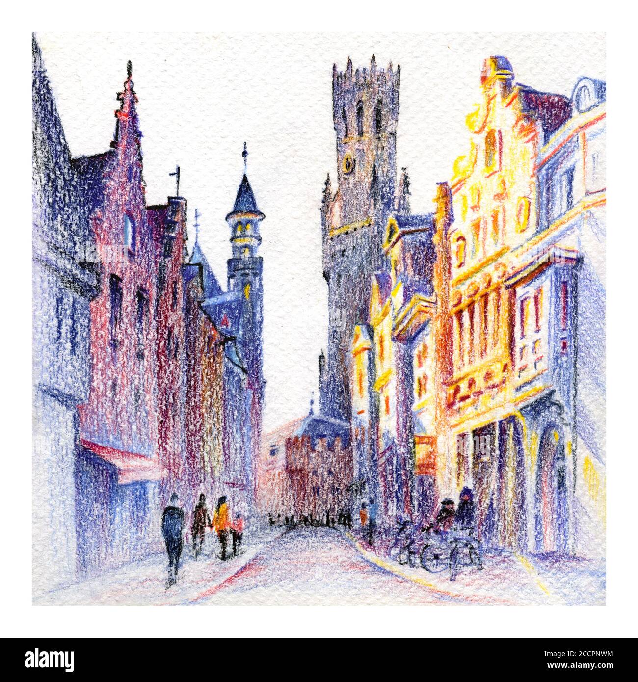 Croquis urbain du beffroi de Bruges et belles maisons médiévales au ...
