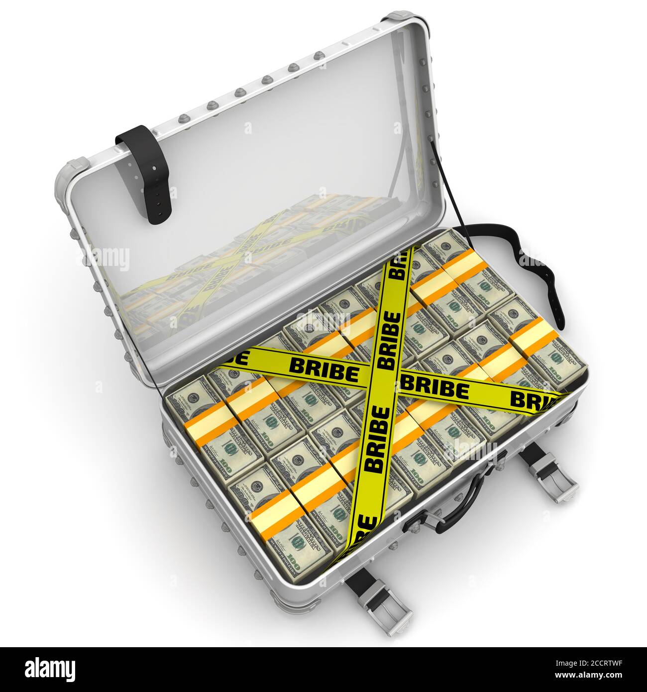 Pot-de-vin Valise pleine d'argent. Une valise remplie de paquets de dollars américains et de ...