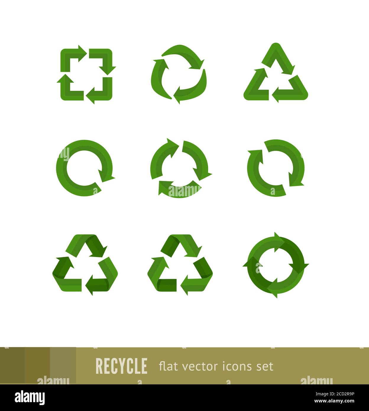 Jeu de vecteur vert plat de signes de recyclage, icônes de flèche ...